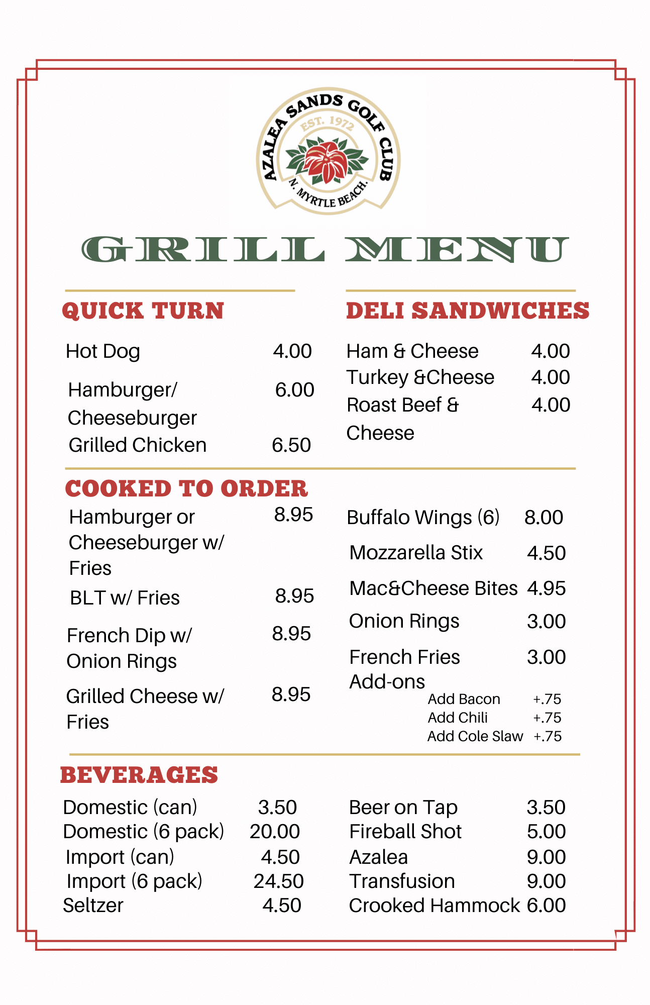 Azalea Sands Grill and Bar Menu - Azalea Sands Golf Club